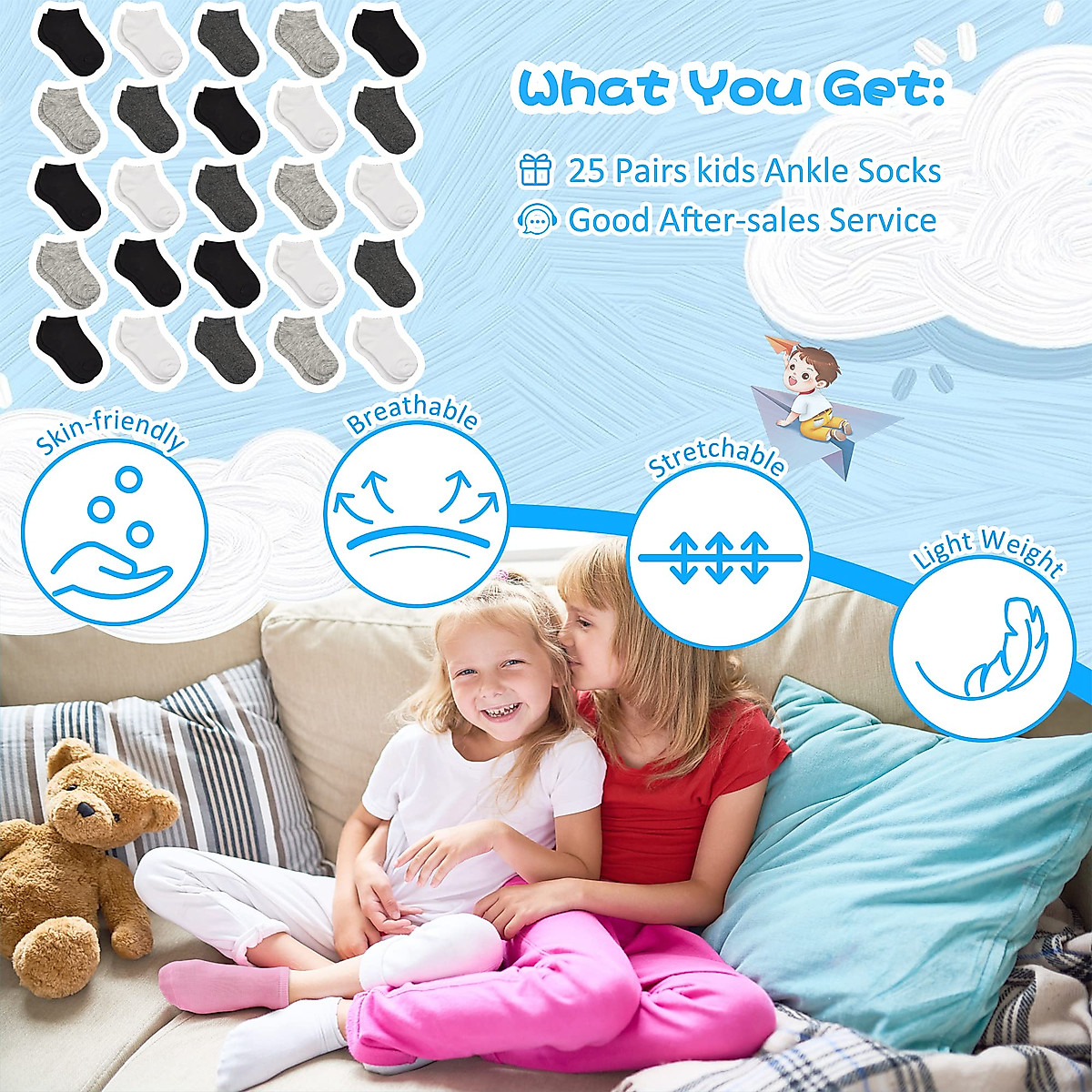 Kids Socks, 25 Pairs Toddler Socks Low Cut for Boys Girls Kids(2-4T), 25 Pairs Children No Show Ankle Socks Set