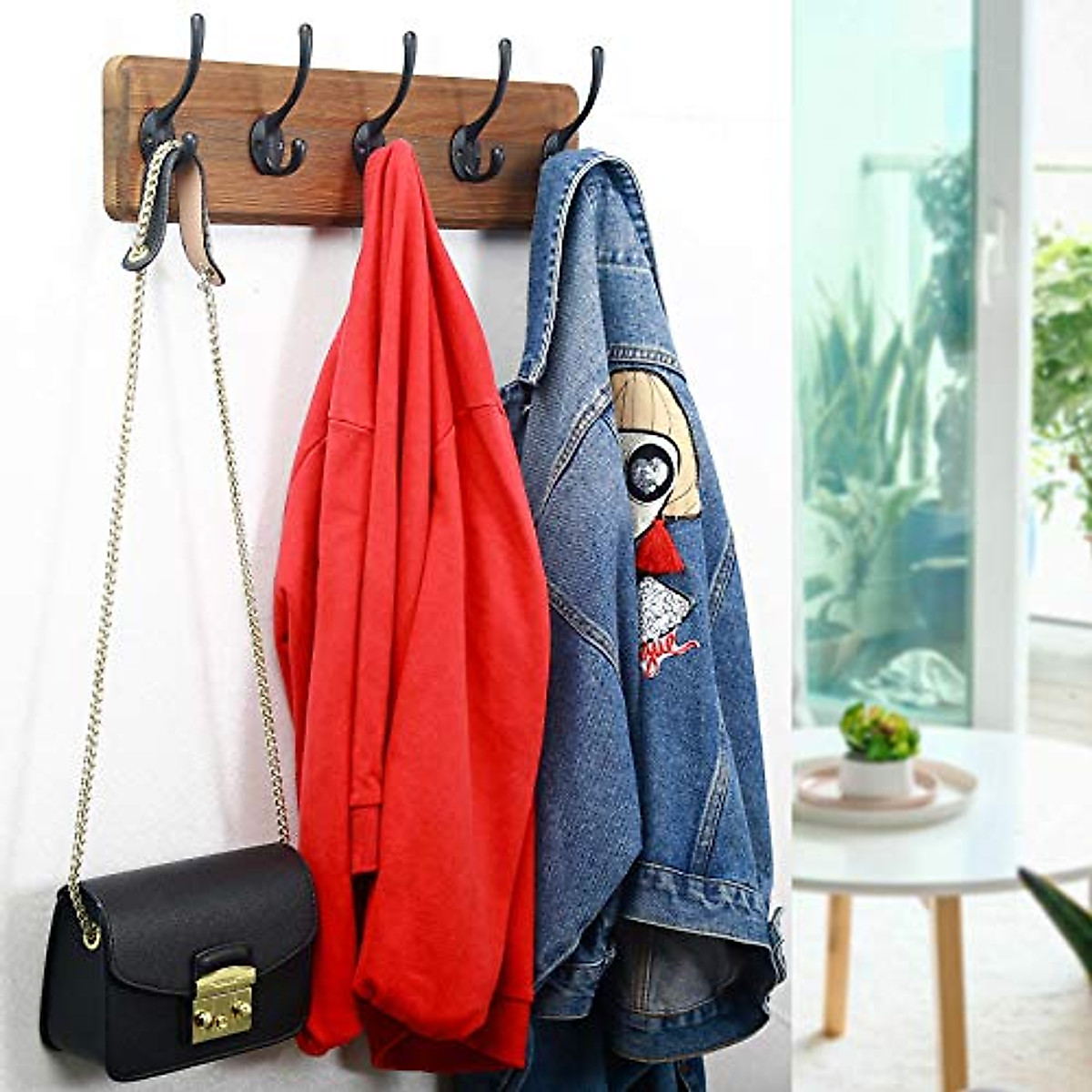 SKOLOO Rustic Wall Mounted Coat Rack: 16-inches Hole to Hole, Pine Solid Wood Coat Hook Hanger - 5 Hooks for Hanging Clothes Robes Towels Coats