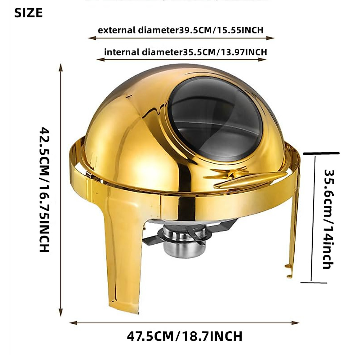 HONHPD Gold Stainless Steel Chafing Dish 1 Packs, 6.5 Quart Round Chafer, Roll Top Chafer for Catering Buffet Warmer Set with Pans and Fuel Holders