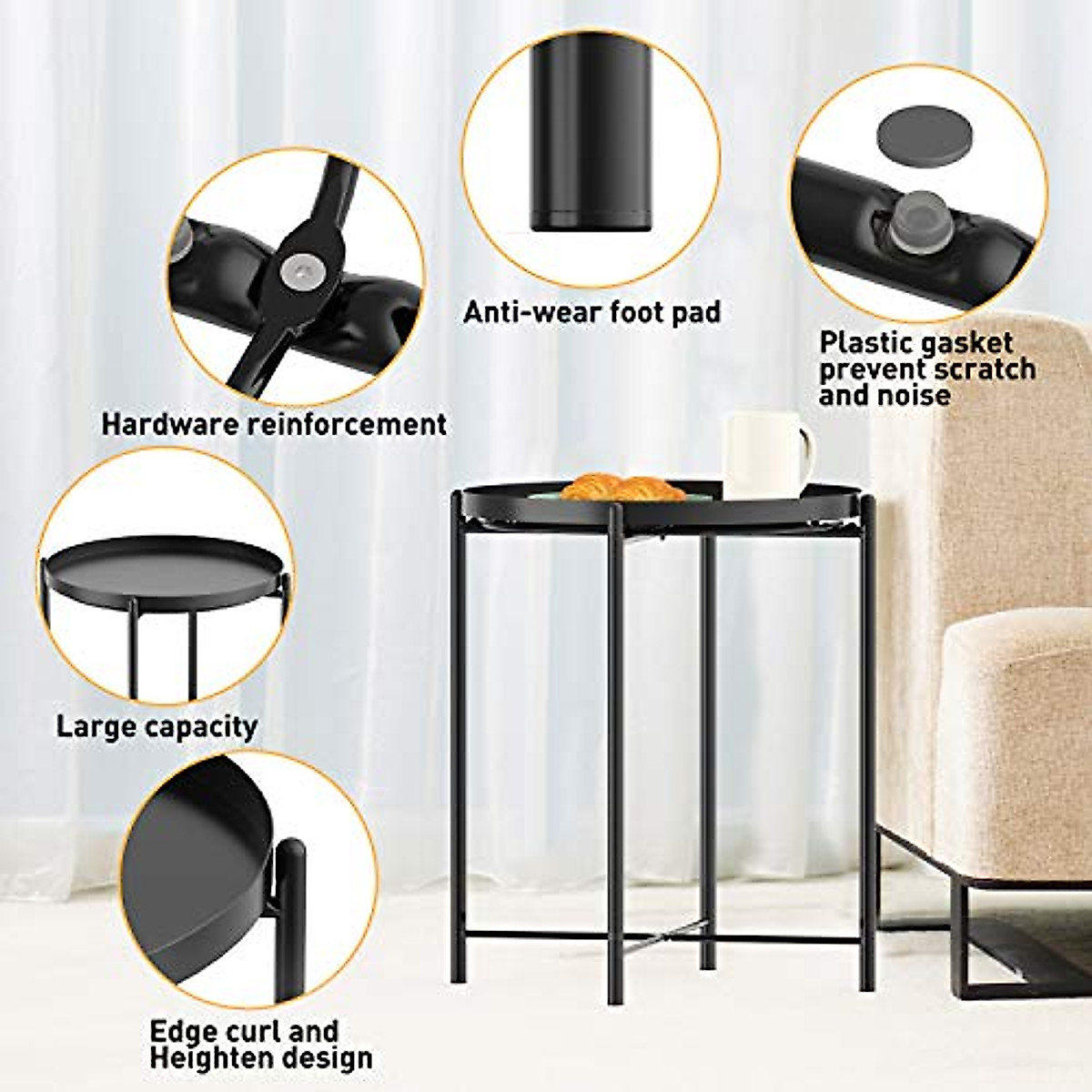 Yesker Side Table, End Table Metal Small Table Indoor Outdoor & Snack Bedside Table Sofa Side Snack Table Accent Coffee Table Living Room Bedroom Balcony 1 Layer (Black)