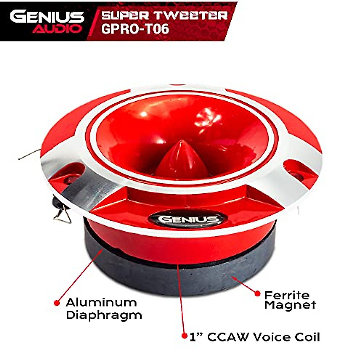 Genius Audio GPRO-T06 1", 35 Watts RMS - 150 Watts Max, Pro Audio Super Tweeter Speaker, Aluminum Diaphragm Car Audio Speaker, Ferrite Y25 Magnet, 4 Ohms (2 Speakers)