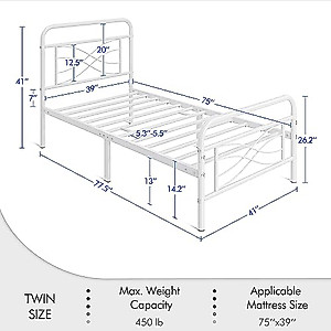 Topeakmart Twin Bed Frames Metal Bed with Vintage Style/Criss-Cross Design Headboard/Mattress Foundation/No Box Spring Needed/Under Bed Storage/Strong Slat Support White Twin Bed