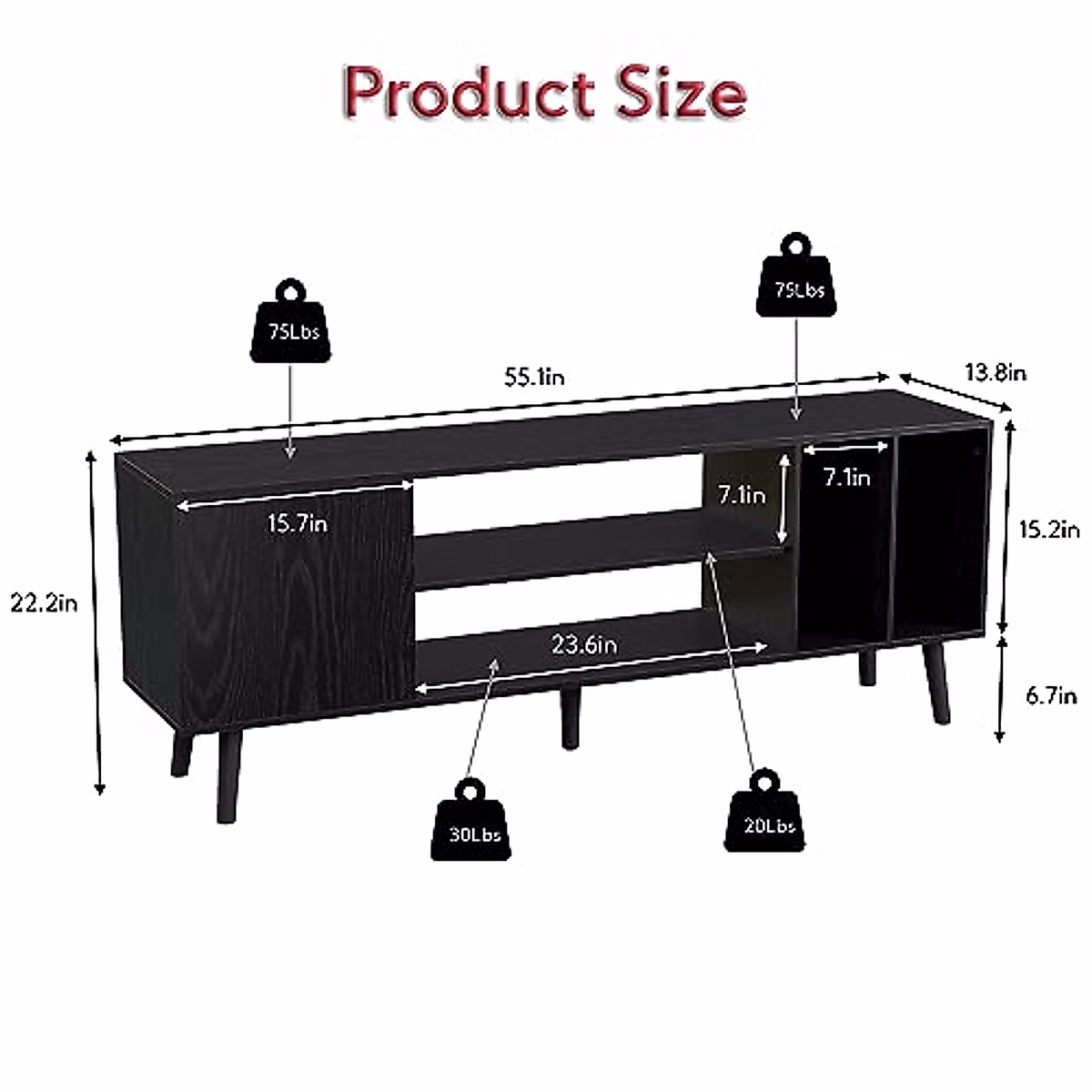Yusong TV Stand for 55/65 inch TV, Mid Century Modern TV Console Table, Media Entertainment Center with Storage for Living Room Bedroom, Wood TV Cabinet, Oak Black
