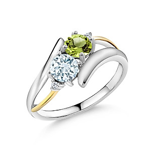 Gem Stone King 925 Silver and 10K Yellow Gold Green Peridot and Sky Blue Aquamarine with Lab Grown Diamond 2 Stone Crossover Women Ring (1.07 Cttw, Available in size 5, 6, 7, 8, 9)