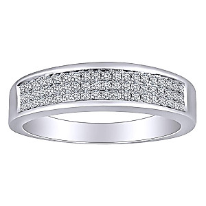 AFFY 0.18 Carat (Cttw) Round White Natural Diamond Three Row Engagement Wedding Band Ring In 10k Solid White Gold Ring Size-8