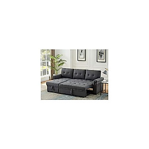 Maykoosh Lakeside Living Linen Cotton Upholstery Fabric Reversible 3 Seating Sectional Sleeper Sofa Chaise with Storage - 86" D x 54" W x 35" H Steel Gray