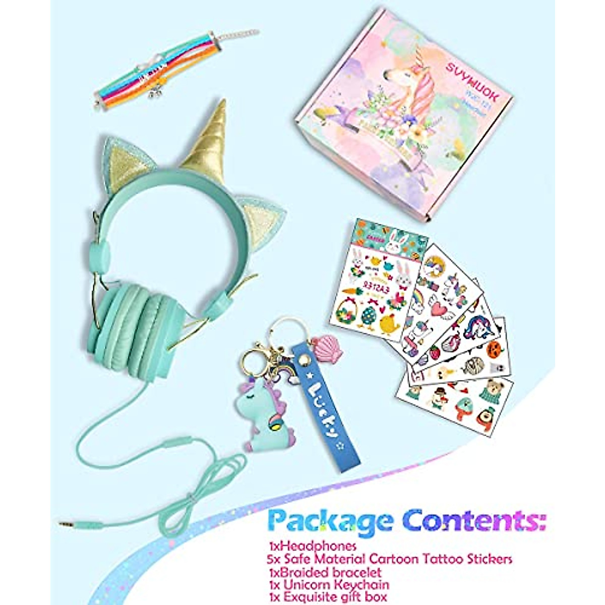 Girls Pink Unicorn Wired Headphones,Cute Cat Ear Kids Game Headset for Boys Teens Tablet Laptop PC,Over Ear Children Headset withMic,for School Birthday Xmas Gifts (Unicorn-Green)