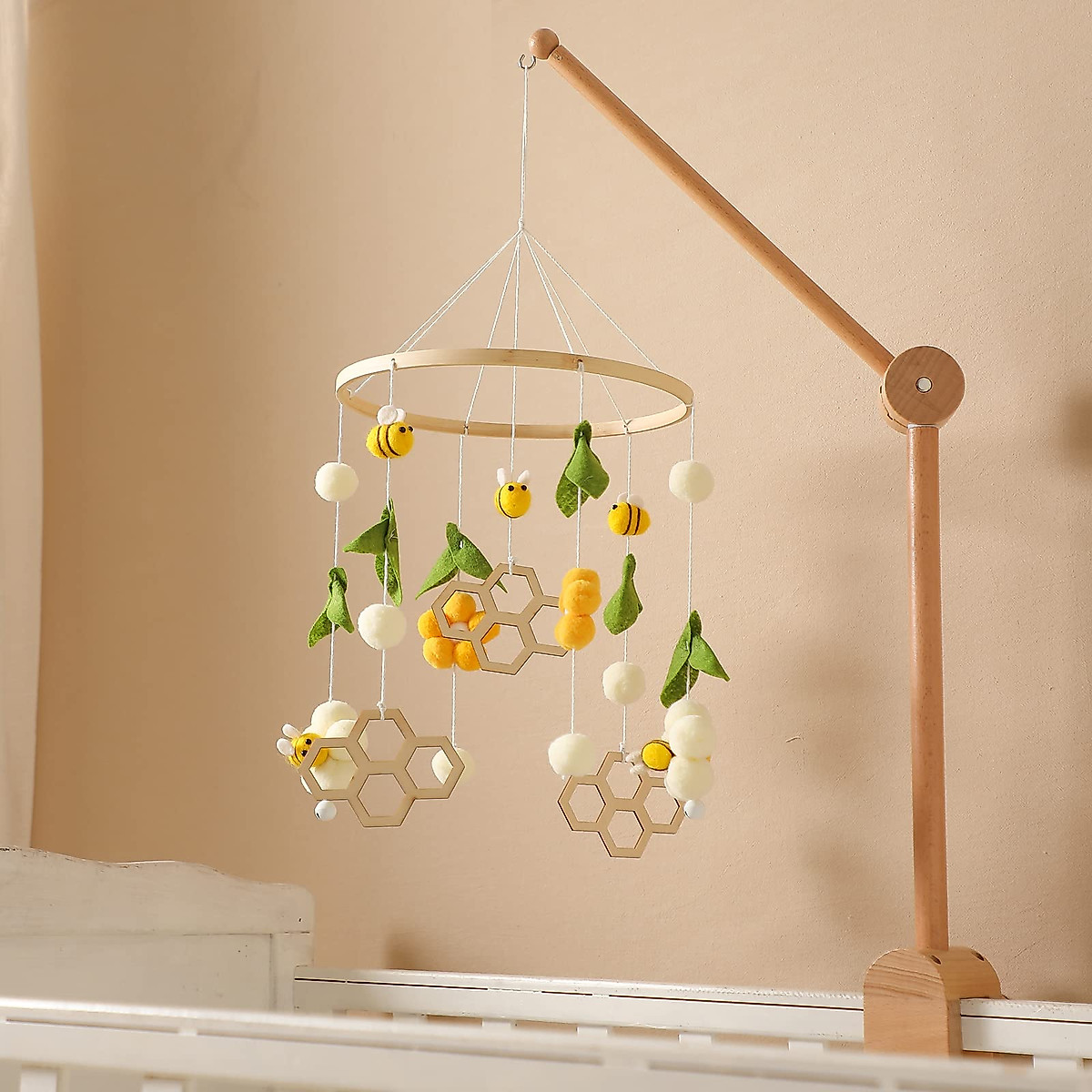Baby Crib Mobile for Boys Girls/Bees Nursery Mobile/Nursery Cot Mobile/Gender Neutral Felt Ball Mobile/Ceiling Mobile