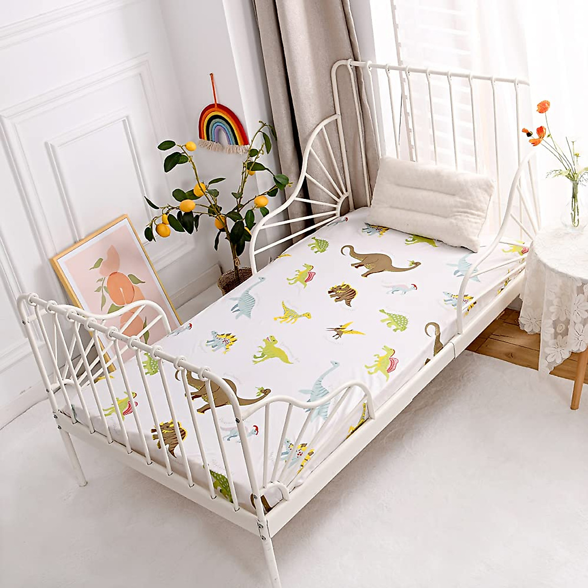 NATURETY Bedding Fitted Sheet with Deep Pocket,Dino Printed Fabric Bed Sheets,Soft Dino Pattern Sheets for Kids Twin Size Bed (White(Dinosaur), Twin)