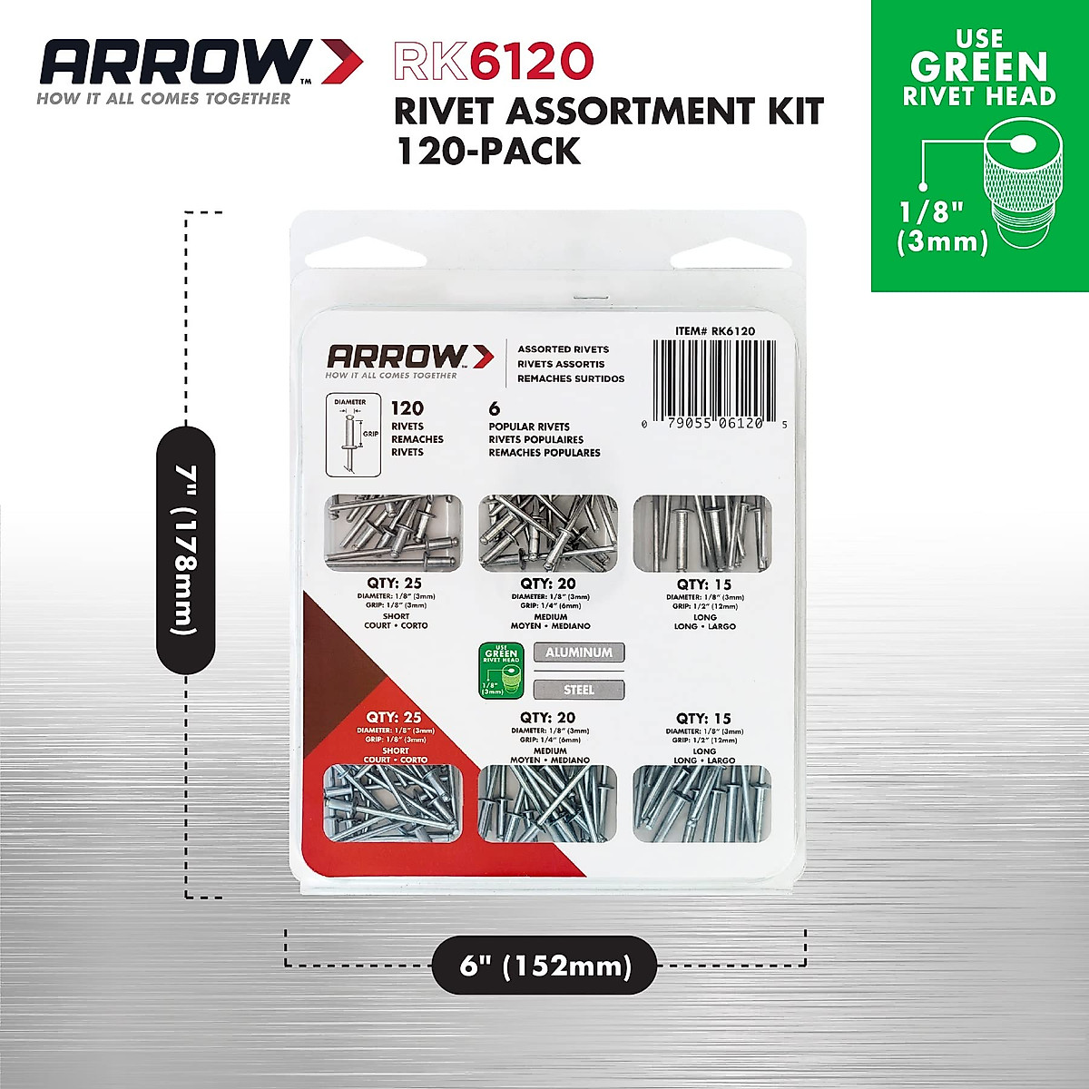Arrow RK6120 Pop Rivet Assortment Kit for Metal, Fabric, Leather, and Auto Repair, Aluminum and Steel, 1/8-Inch, 120-Pack