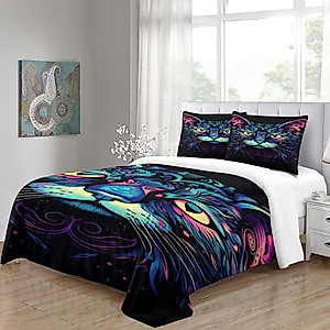 MEFESE Colorful Line Cat Theme 3D Bedding Duvet Cover Set Neon Cool Style 3 Piece (1 Duvet Cover+2 Pillowcase) for Teen Boys Girls Sports Microfiber Bedding Quilt Twin（173x218cm）