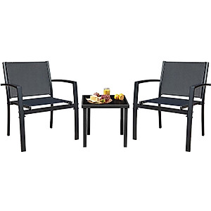 JUMMICO 3 Pieces Patio Furniture Set Outdoor Textilene Patio Chairs with Coffee Table Modern Patio Conversation Bistro Set for Lawn, Garden, Balcony, Poolside and Porch (Black)