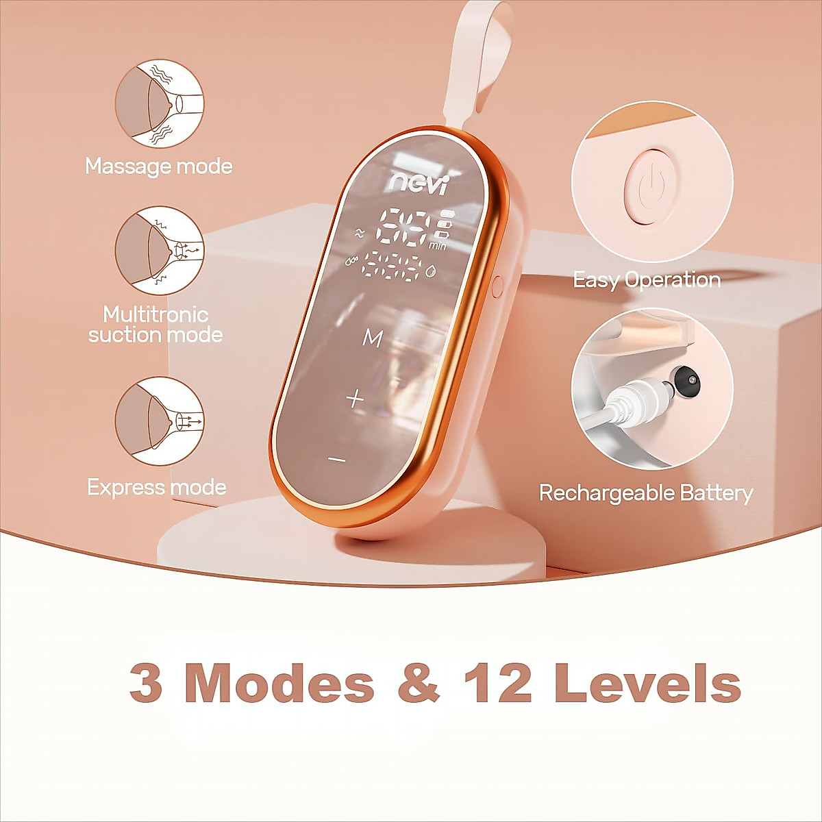 NCVI Double Electric Breast Pump, Portable Breast Pump for Breastfeeding, Breastpump 3 Modes & 12 Levels, 24/28mm Flanges, Touch Screen LED Display, Anti-Backflow, Rechargeable Battery