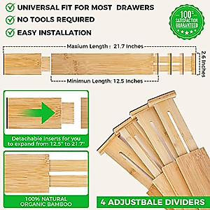 Bamboo Drawer Dividers Organizer with Inserts, Expandable from 12.5-21.7", Adjustable Drawer Organizer Separators for Utensils, Dresser, Bedroom, Bathroom, Closet, Clothing, Office (Beige)