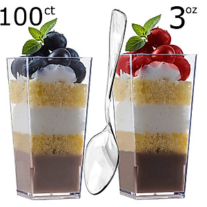 zappy 100 3oz Mini Dessert Cups & 100 Tasting Spoons Tall Square Clear Plastic Dessert Glasses Disposable Shot Glass Tumbler Shooter Cups Parfait Glasses Sample Appetizer Bowls Trifle Bowl 3 oz