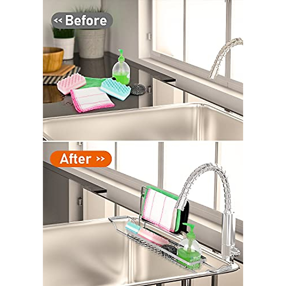 Kitchen Sink Organizer, Telescopic Sink Storage Rack, SUS304 Stainless Sponge Holder for Kitchen Sink, Rust Proof Water Proof, Larger Sink Brush Holder, No Drilling