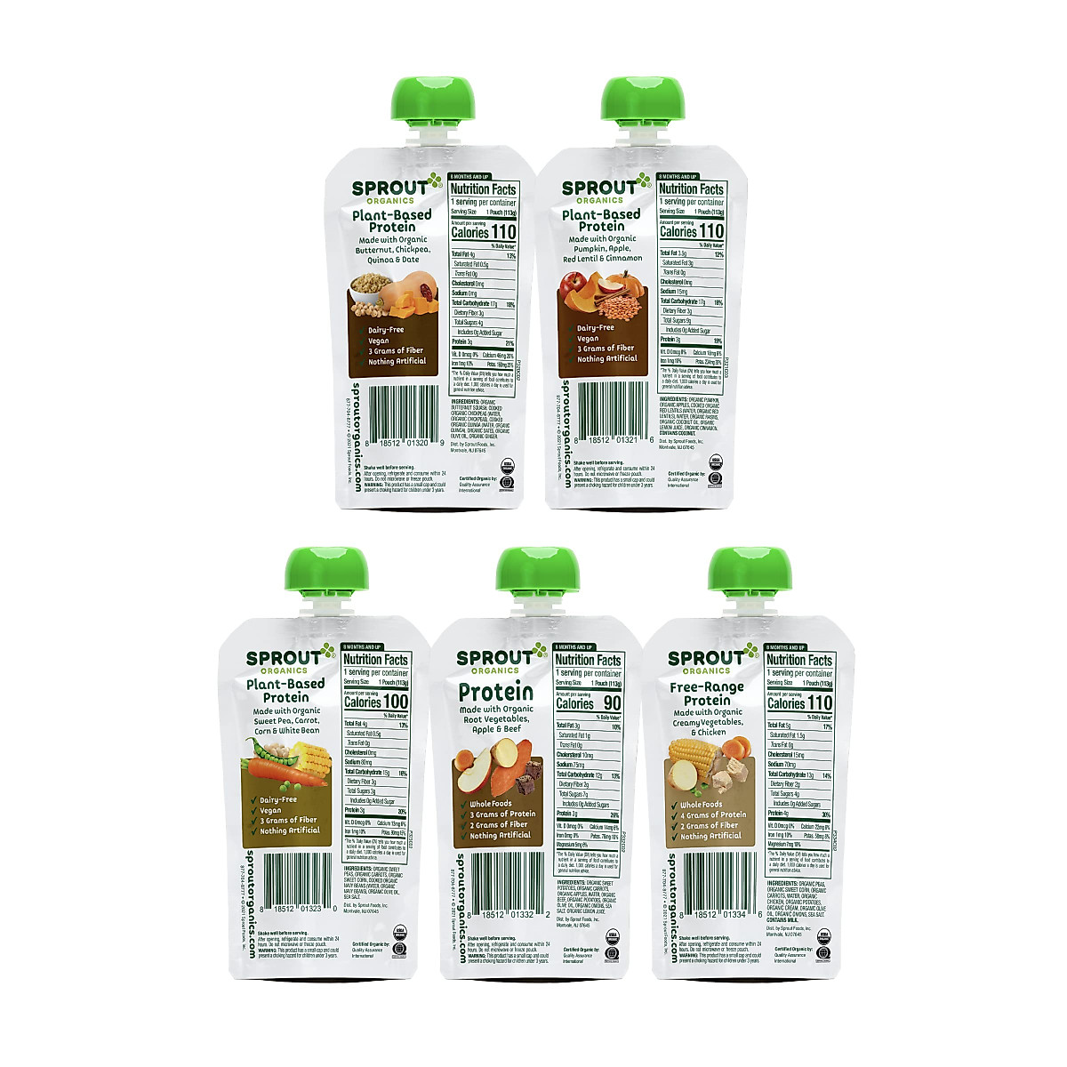 Sprout Organic Baby Food, Stage 3 Pouches, 8 Flavor Meat & Plant Protein Variety Pack, 4 Oz Purees (Pack of 12), Packaging May Vary