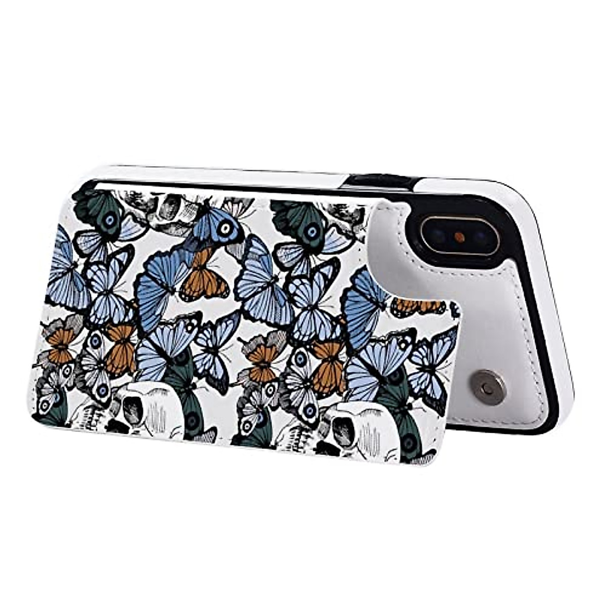 Skull with Butterfly Wallet Phone Cases Fashion Leather Design Protective Shell Shockproof Cover Compatible with iPhone X/XS