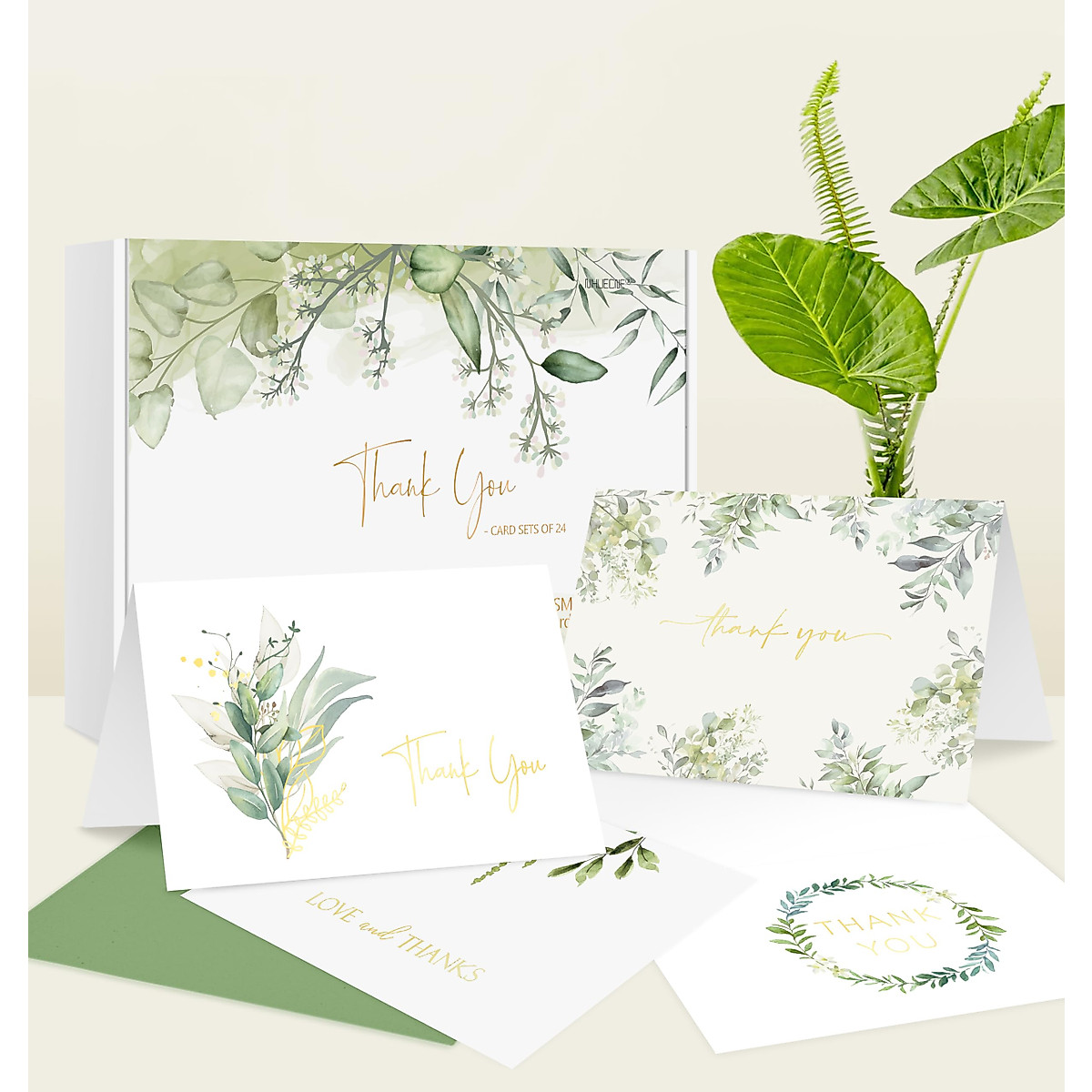 24 Pack Gold Foil Greenery Thank You Cards with Self-adhesive Envelopes, 4"x6" Boxed Watercolor Thank You Note Cards for Bridal Shower, Wedding or Baby Shower, 24 Unique Designs
