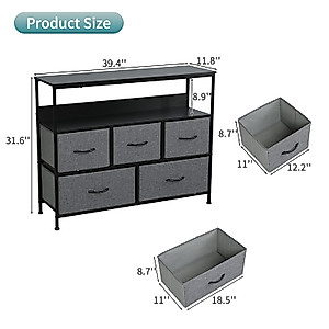 AMISEN Dresser Drawers TV Stand, Entertainment Center with Shelves, Storage Console Table with 5 Fabric Drawers for Bedroom, Living Room, Entryway, Hallway, Grey