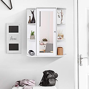 Tangkula Bathroom Medicine Cabinet, Wall Mounted Bathroom Cabinet with Mirror Door and Shelves, Wooden Hanging Wall Mirror Cabinet for Bathroom Laundry Living Room (White)