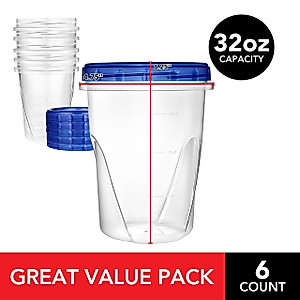 Stock Your Home 32oz Plastic Containers with Twist Top Lids (6 Pack), Quart Freezer Containers with Lids for Leftover Food, Airtight Reusable Soup Containers with Lids, Microwave and Dishwasher Safe