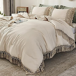 Andency Beige Comforter Set Queen, 3 Pieces Boho Tassel Lightweight Farmhouse Vintage Aesthetic Soft Bedding Comforter Sets, All Season Fluffy Fringe Bed Set (90x90In Comforter & 2 Pillowcases)