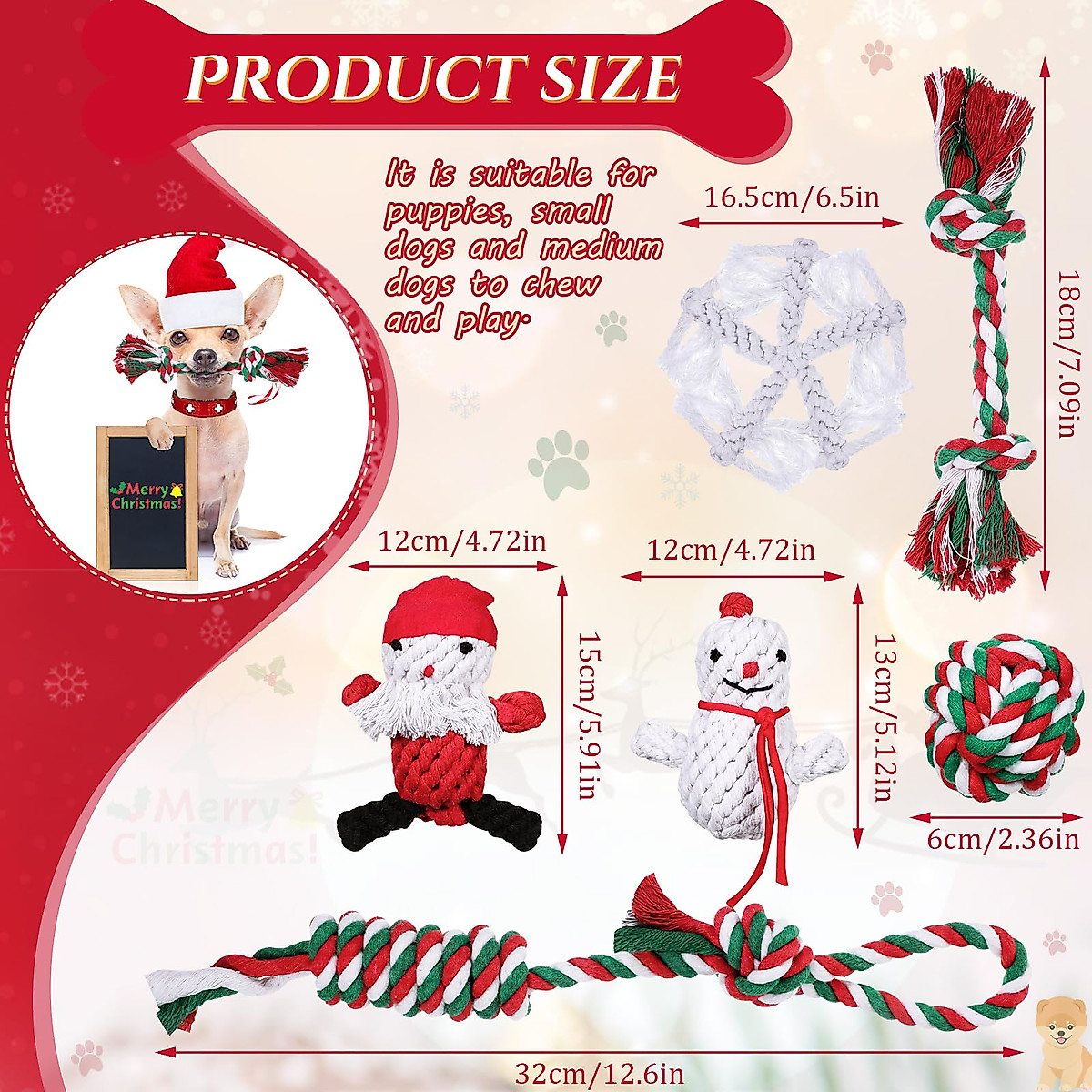 Jenaai Christmas Dog Toys 6 Pack Dog Rope Toys with 1 Pack Christmas Stocking Dog Rope Chew Toys Puppy Chew Toys Santa Snowman Dog Toy Set Tough for Small Medium Dogs Training Teething Cleaning