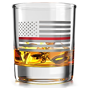 Thin Red Line Fire Fighter American Flag - Old Fashioned Whiskey Rocks Bourbon Glass - 10 oz capacity