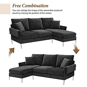 KoiHome 84" Convertible Sectional 2 Pillows, Modern Chenille L-Shaped Couch with Reversible Chaise Lounge, 3-Seater Sleeper Sofa, Fit for Living Room,Office,Apartment, Polyester, Black