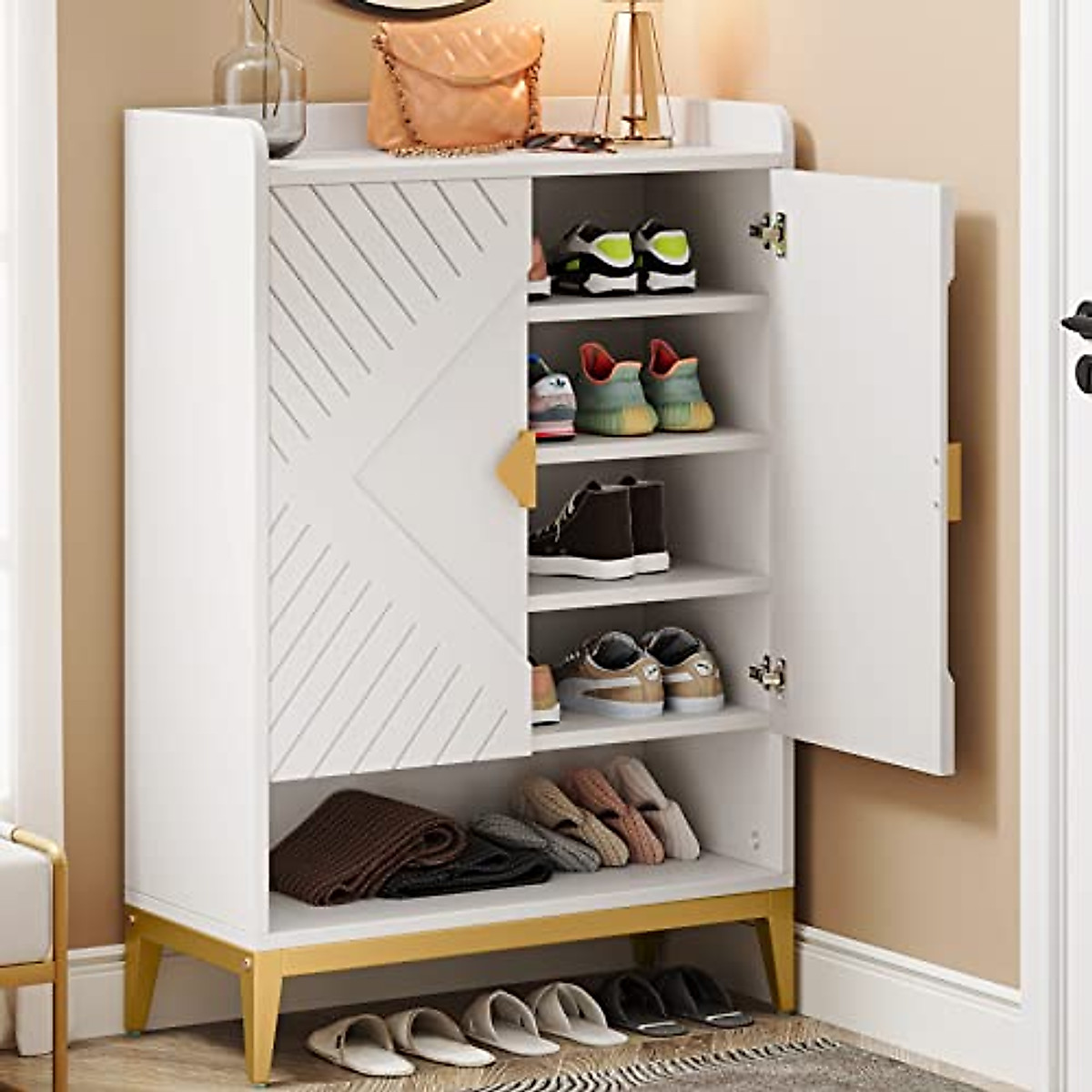Tribesigns Shoe Cabinet with Doors, 25 Pair Shoe Storage Cabinet with Adjustable Shelves, 6-Tier Modern Wooden Shoe Rack Organizer Cabinet for Entryway, Hallway, Closet, Living Room, White and Gold
