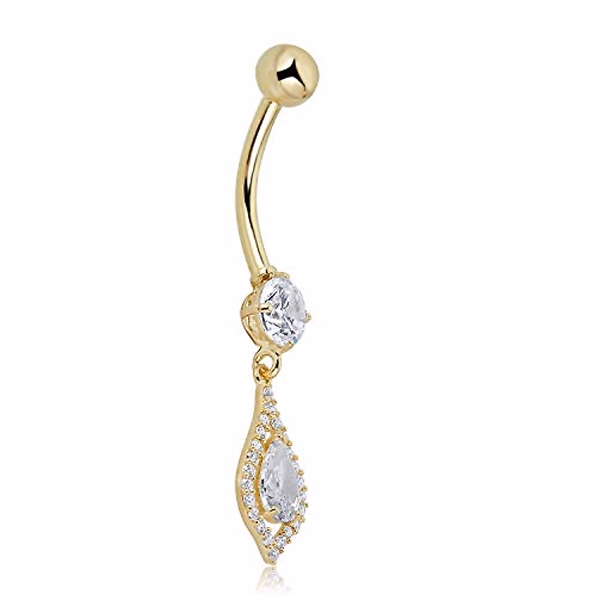 AVORA 10K Yellow Gold Simulated Diamond CZ Teardrop Dangle Belly Button Ring Body Jewelry (14 Gauge)