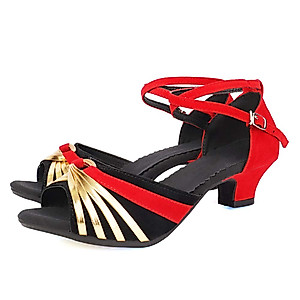 TINRYMX Women Latin Dance Shoes Ballroom Tango Dance Sandals with Open Toe, Gold+Red, US 9