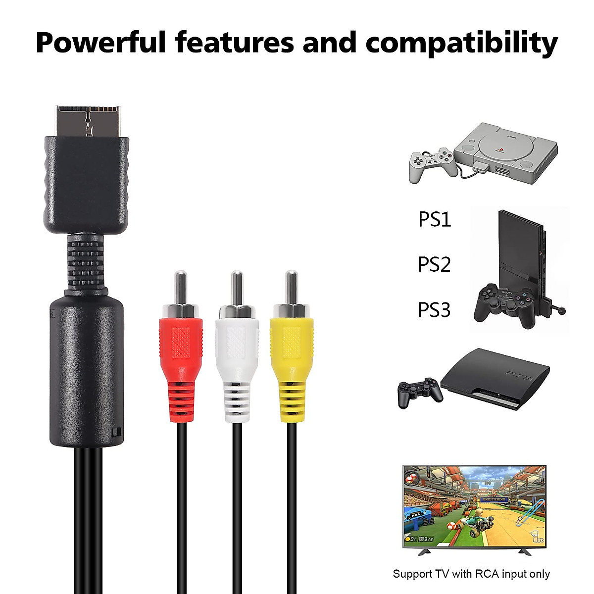 Aokin PS2 PS3 AV Cable, Audio Video AV RCA Cable Cord for PlayStation 1, PlayStation 2, PlayStation 3, PlayStation 3 Slim, 1.8M/6FT