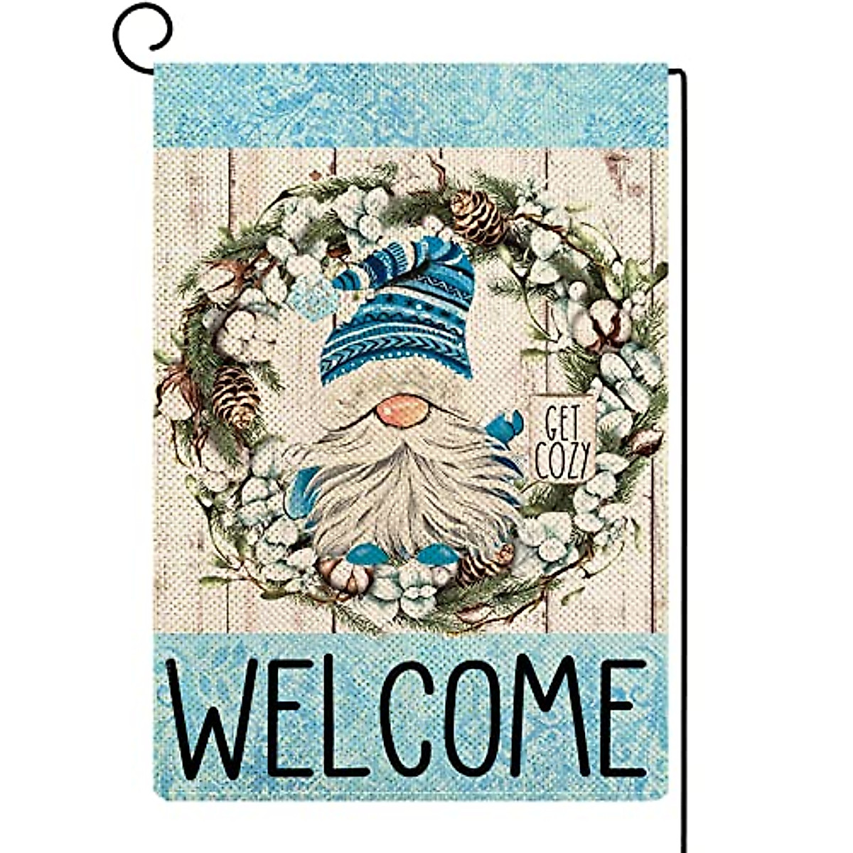ORTIGIA Welcome Christmas Winter Gnome Garden Flag Burlap Vertical Double Sided Pine Needles Cones Wreath Garden Flag Coffee Cup Holiday Seasonal Farmhouse Outdoor Small Burlap Decoration 12x18Inch