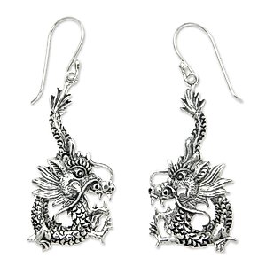 NOVICA Artisan Handmade .925 Sterling Silver Dangle Earrings Indonesia Animal Themed 'Dragon Splendor'