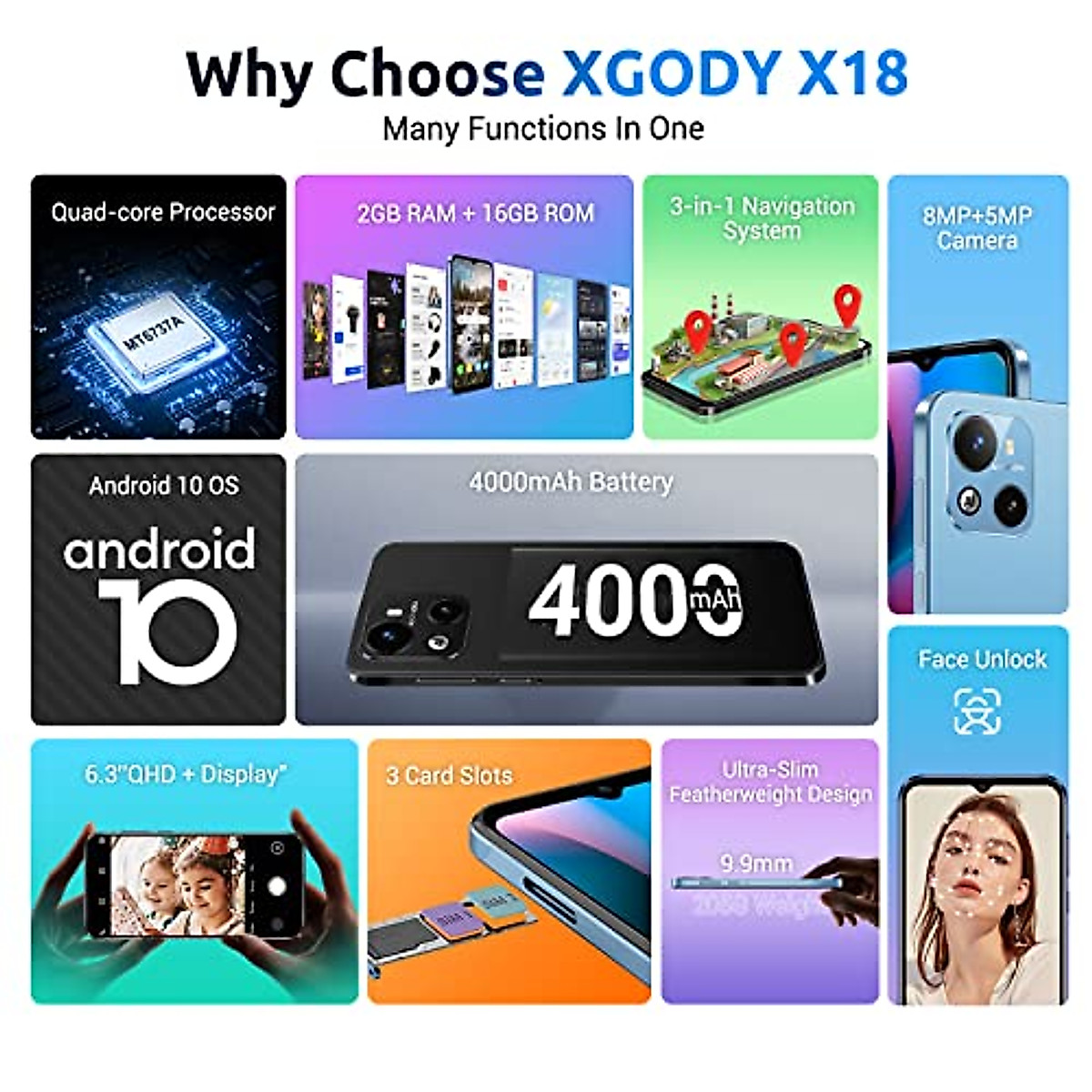 Xgody X18 4G Unlocked Phones, 6.3 Inch IPS Screen Smartphones, Android 10 OS Dual SIM Cheap Cell Phone, Quad Core 2GB+16GB, Dual 5MP+8MP Camera, 4000mAh Battery, Face ID Smart Phone (Black)