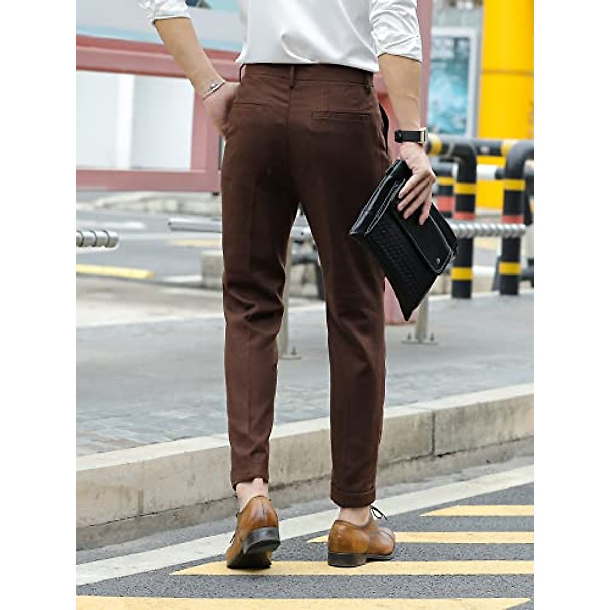 SweatyRocks Men's High Waist Fold Pleated Crop Suit Pants Work Office Business Long Trousers with Pockets Coffee Brown M