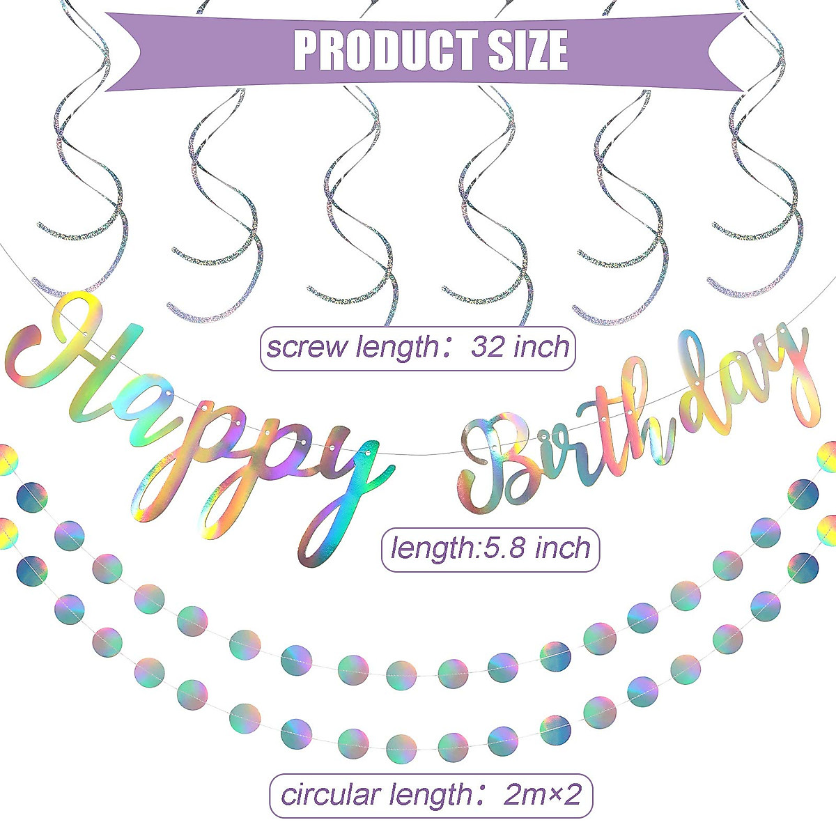 Zonon Happy Birthday Banner Iridescent Birthday Party Decoration Shiny Happy Birthday Sign Circle Garlands Holographic Hanging Dots Streamer Backdrop for Iridescent Birthday Party Favor Supplies