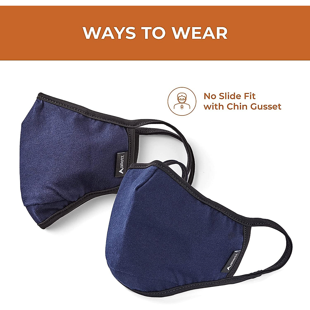 Allett Face Mask, Navy Blue | 2 Pack | Made of Cotton, Built in Polypropylene Filter | Soft Earloops, Washable, Reusable | With Nose Wire & Chin Gusset | For Adults