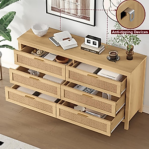 Keehusux Rattan 6 Drawer Dresser for Bedroom, Wooden Storage Chest of Drawers with Metal Handles, Double Dresser Chest for Living Room, Entryway, Natural KES002MDG