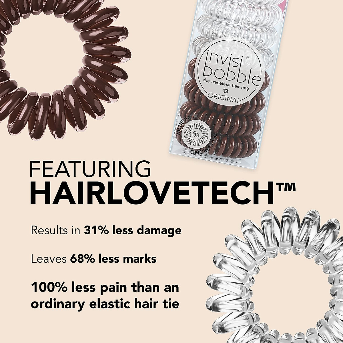 invisibobble Original Traceless Spiral Hair Ties - Pack of 8, Crystal Clear and Pretzel Brown - Strong Elastic Grip Coil Accessories for Women - Non Soaking - Gentle for Girls Teens and Thick Hair