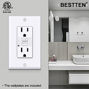 BESTTEN 10 Pack 15 Amp GFCI Outlet, GFI Receptacle Outlet with LED Indicator, Ground Fault Circuit Interrupter, Non-Tamper-Resistant, Wallplate Included, ETL Certified, White