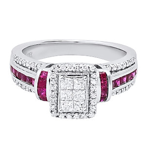 Dazzlingrock Collection Princess Ruby with Round & Princess White Diamond Engagement Ring for Women in Sterling Silver, Size 9