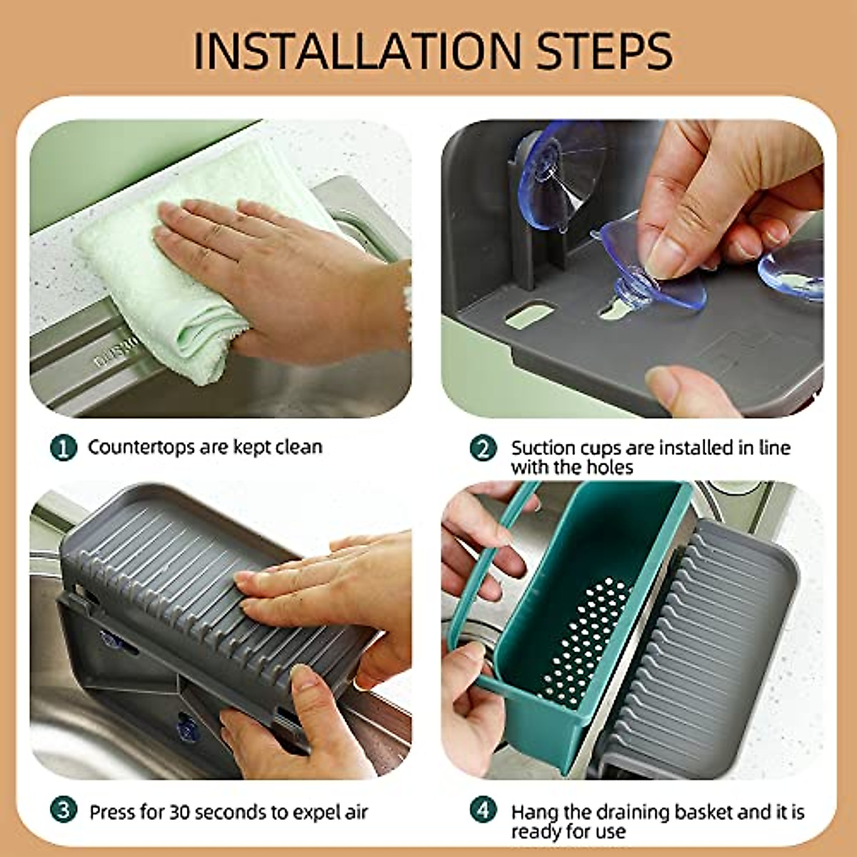 TIDYSOON Detachable Sinkside Organizer Tidy Storage,Drainage Container With Suction Cups For Kitchen Sink Caddy Sponge Holder, Dish Brush Holder,Cloths, Green