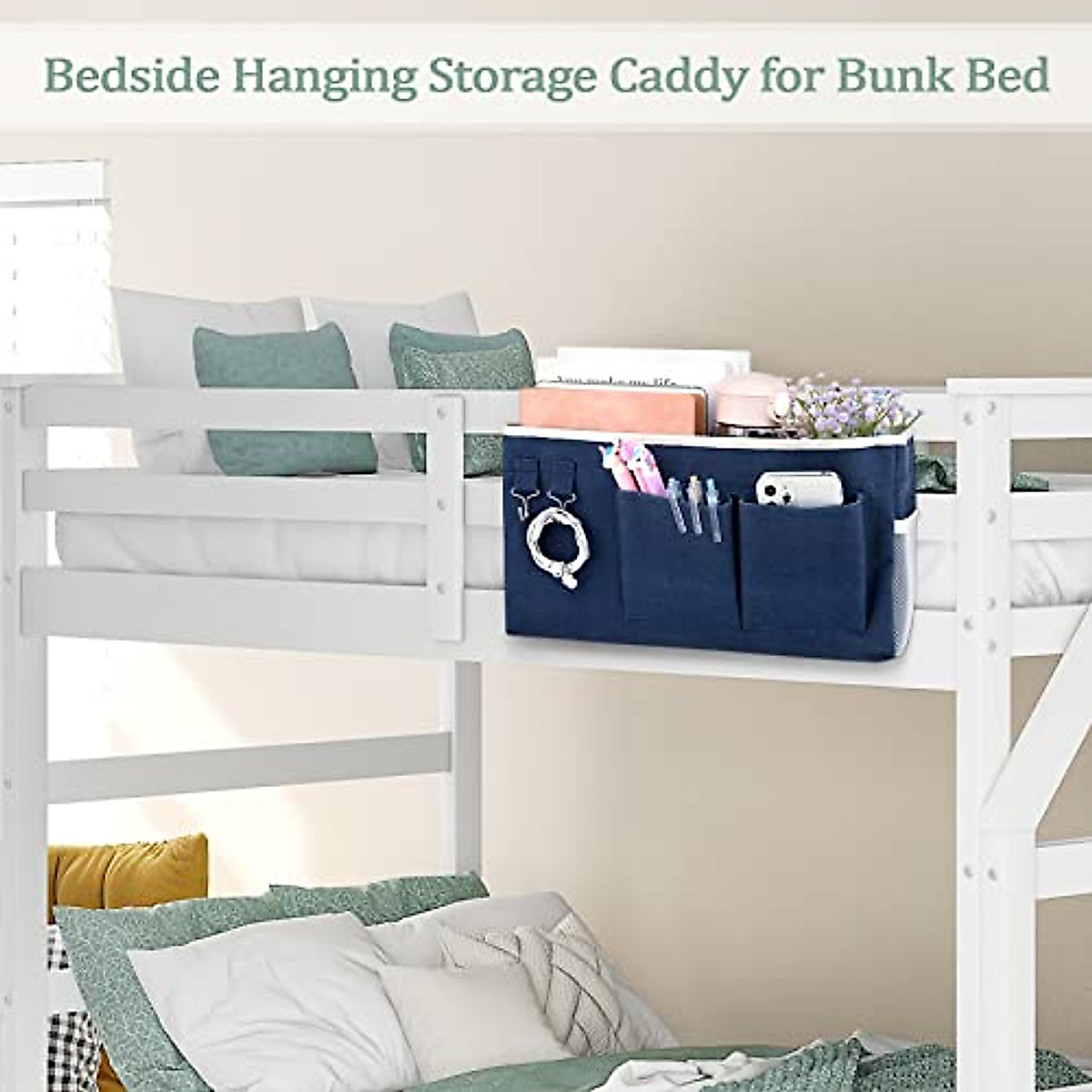 Trycooling Bedside Caddy, Bedside Organizer Caddy Hanging Storage for Dorm Rooms Bed Rails Bunk Hospital Beds Crib (2pc Navy Blue)