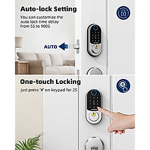 Keyless Entry Door Lock, Zomnua Fingerprint Smart Front Door Locks with Keypads, Smart Digital Biometric Electric Deadbolt Lock with Auto Lock, Fob, Code, Touchscreen,Silver