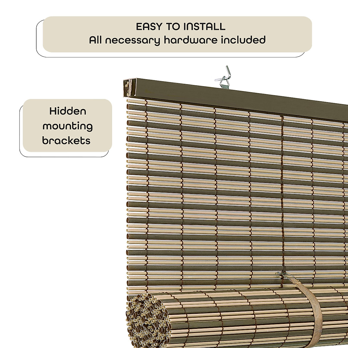 Cordless Veranda Vinyl Roll-Up Blind - 72 Inch Length, 48 Inch Width, Quarter Inch Vinyl Slats - Cocoa/Almond - Soft Light Filtering Horizontal Windows Blinds for Indoors by Achim Home Decor