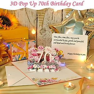 70th Birthday Card for Women, 70th Birthday Gift Greeting Card for Her, Mom, Wife, Grandma Flower Popup Happy Birthday Card with Blank Note and Envelope