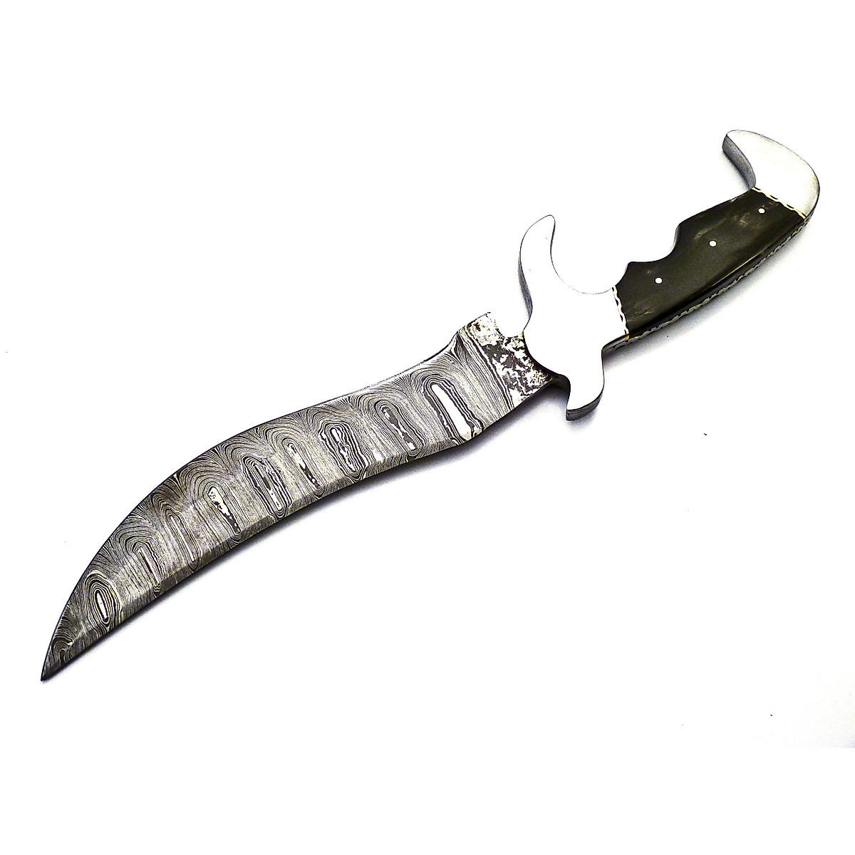 Skokie Knives Custom Hand Made Damascus Steel Hunting Knife Handle Bull Horn With Steel Bolster Bowie Black (NB)